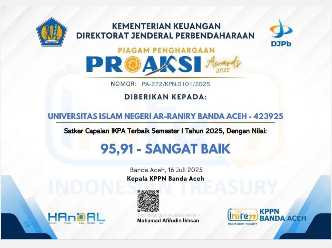 UIN Ar-Raniry Raih Proaksi Award 2025 dari KPPN Banda Aceh - AcehGround